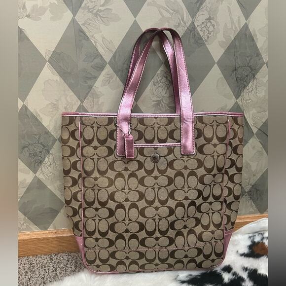 Coach | Bags | Coach Tote With Traditional C In Khaki And Pink Metallic ...